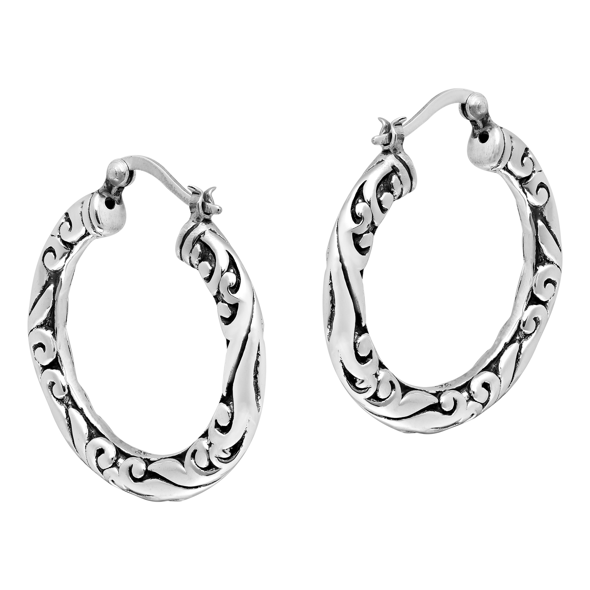 Ornate Filigree V-Lock Sterling Silver Hoop Earrings Ornate Filigree V-Lock Sterling Silver Hoop Earrings